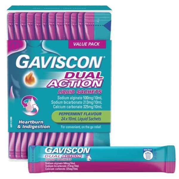 Buy Gaviscon Dual Action Liquid Peppermint Sachet 10ml x 24 Online