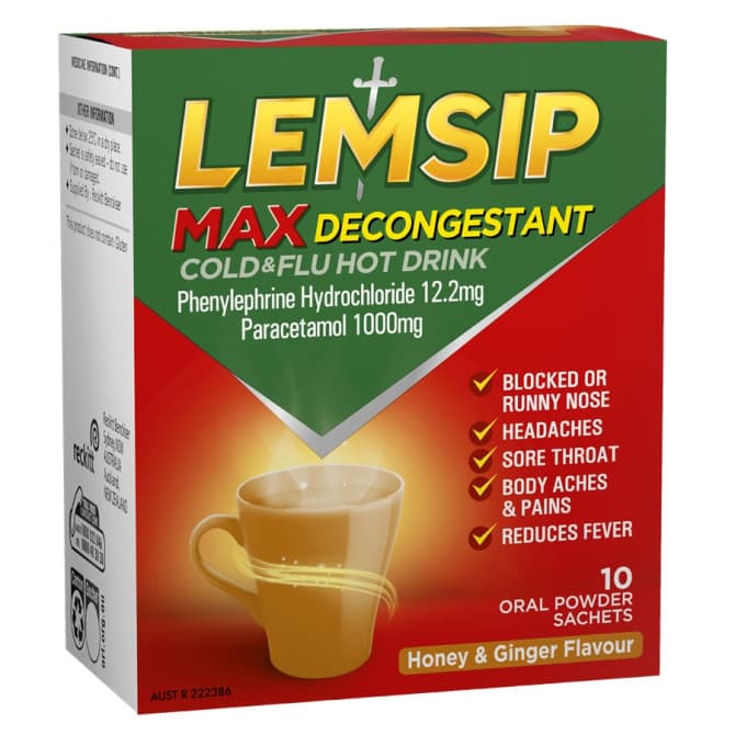 Buy Lemsip Max Cold and Flu with Decongestant Honey and Ginger 10 Online